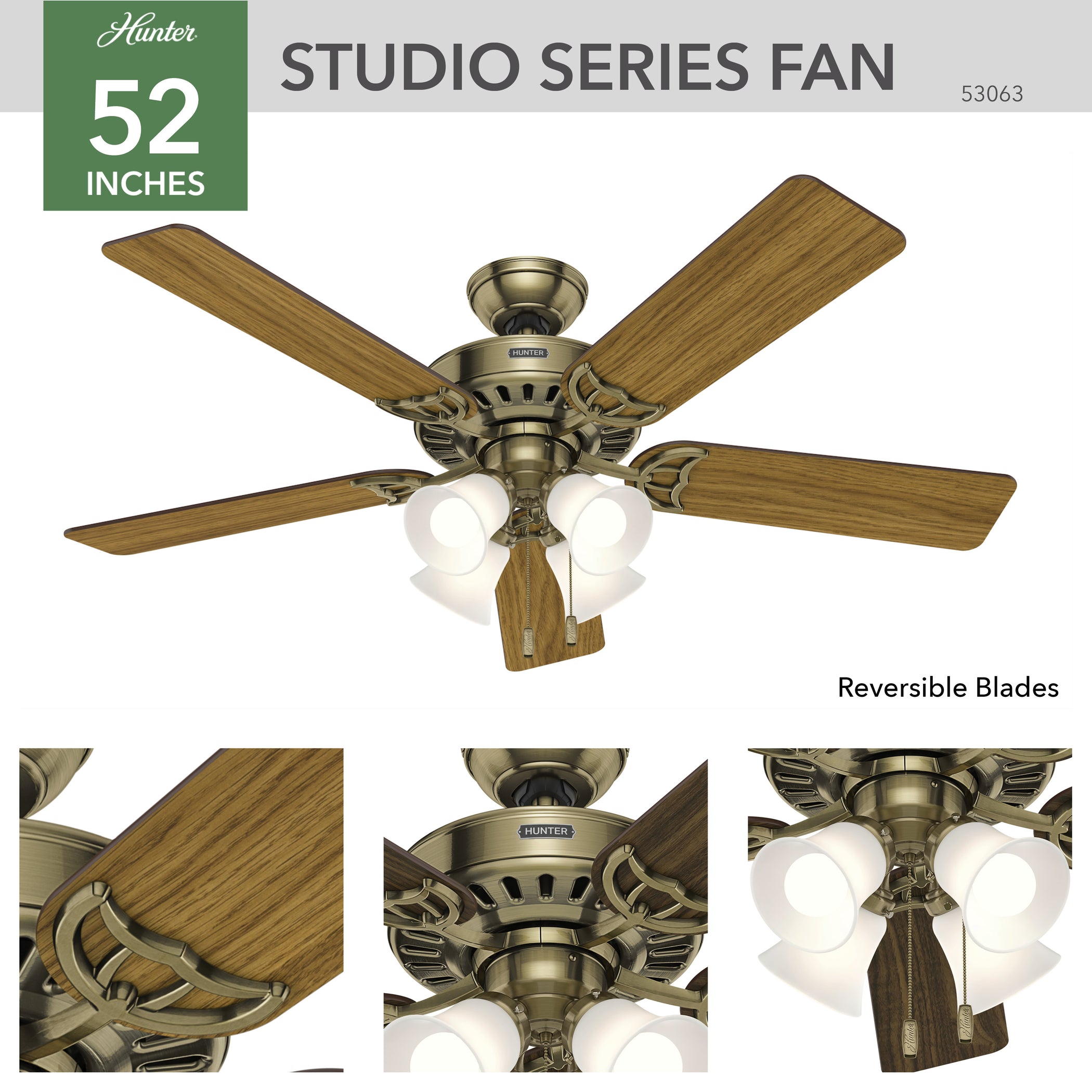Hunter - 53063 - 52 Inches Ceiling Fan - Studio Series - Antique Brass ...