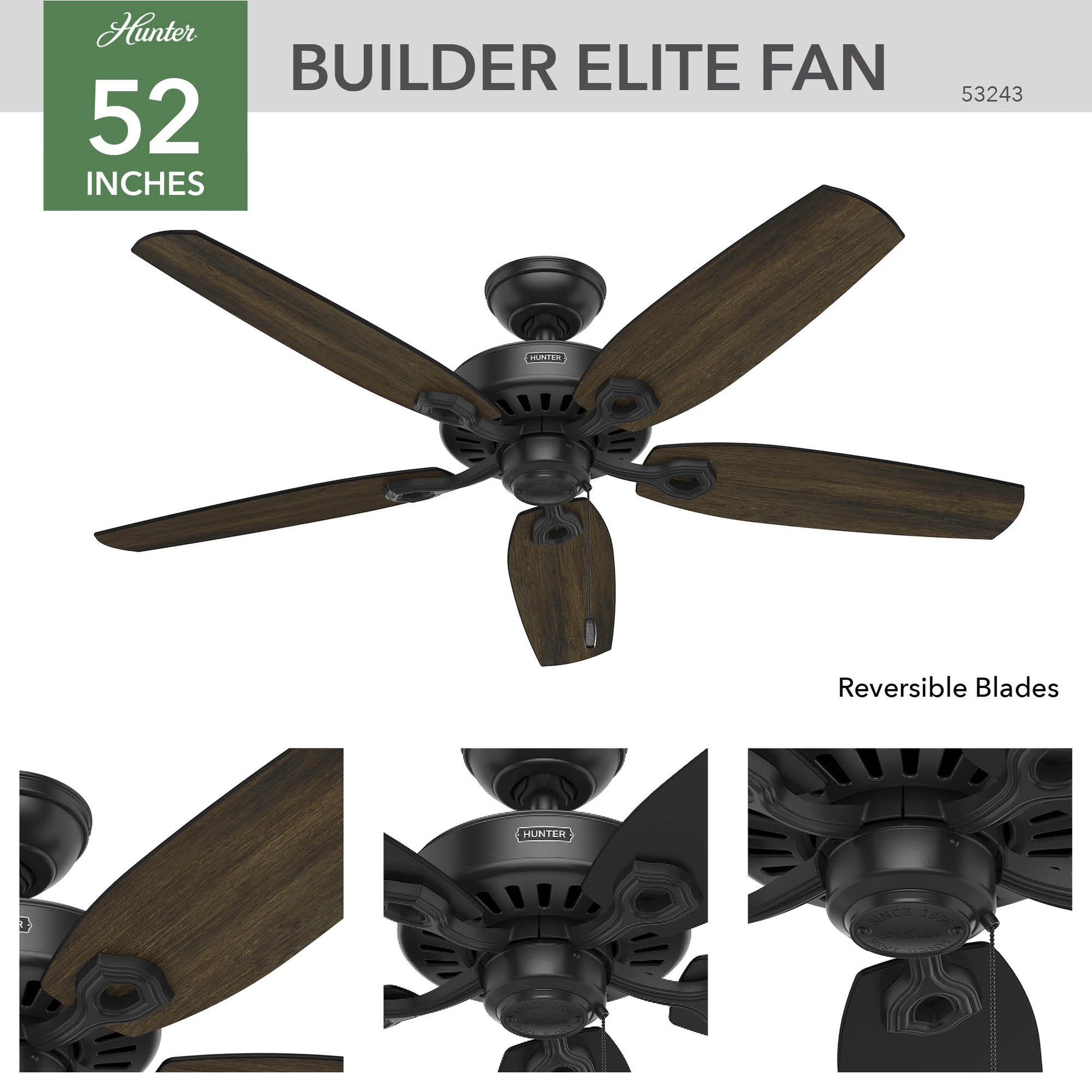 Hunter - 53243 - 52``Ceiling Fan - Builder - Matte Black — Lighting ...